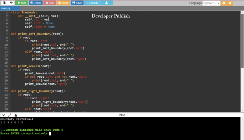 Python Program to Print Boundary Traversal of Binary Tree