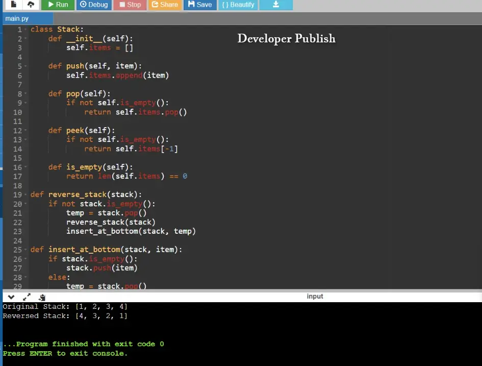 Python Program To Reverse A Stack Using Recursion