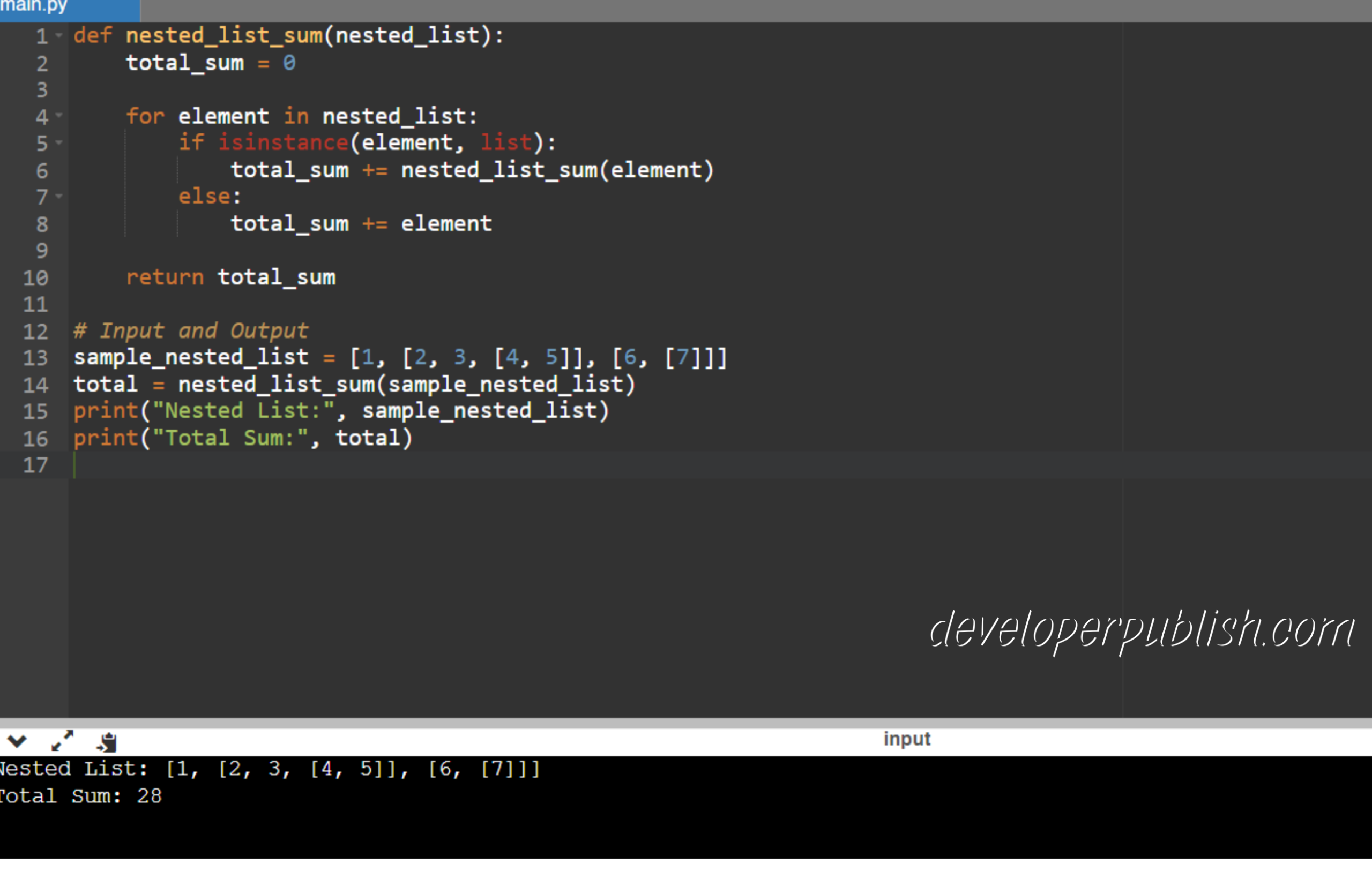 Python Program to Find the Total Sum of a Nested List Using Recursion