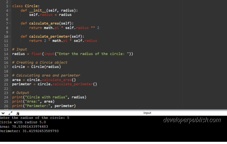 Python Program to Find the Area and Perimeter of a Circle using Class