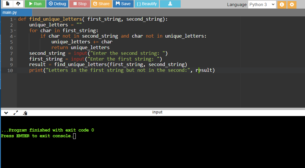 Python Program that Displays which Letters are in First String but not in Second