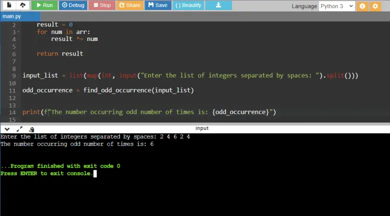 Python Program To Find The Number Occurring Odd Number Of Times In A List