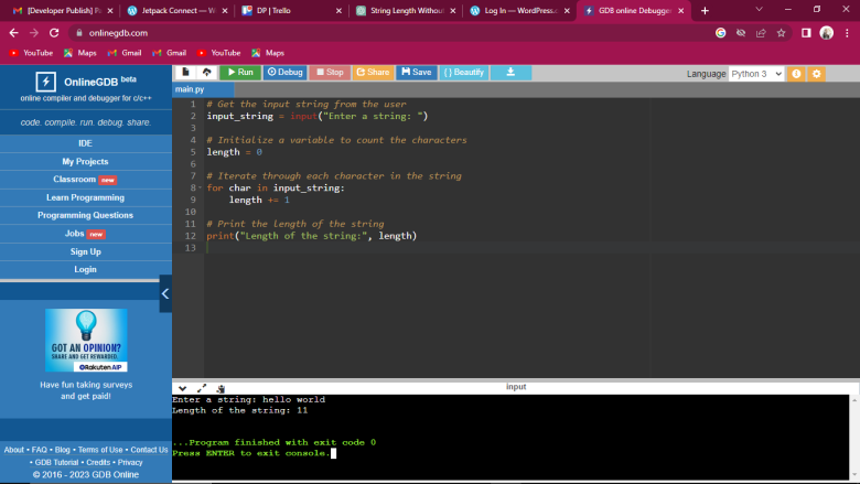 Python Program To Find The Length Of A Given String Without Using Any Built In Library Functions