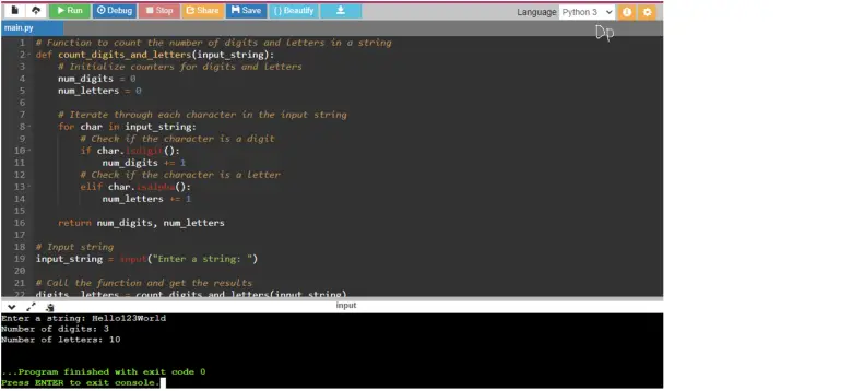 Python Program To Count The Number Of Digits And Letters In A String