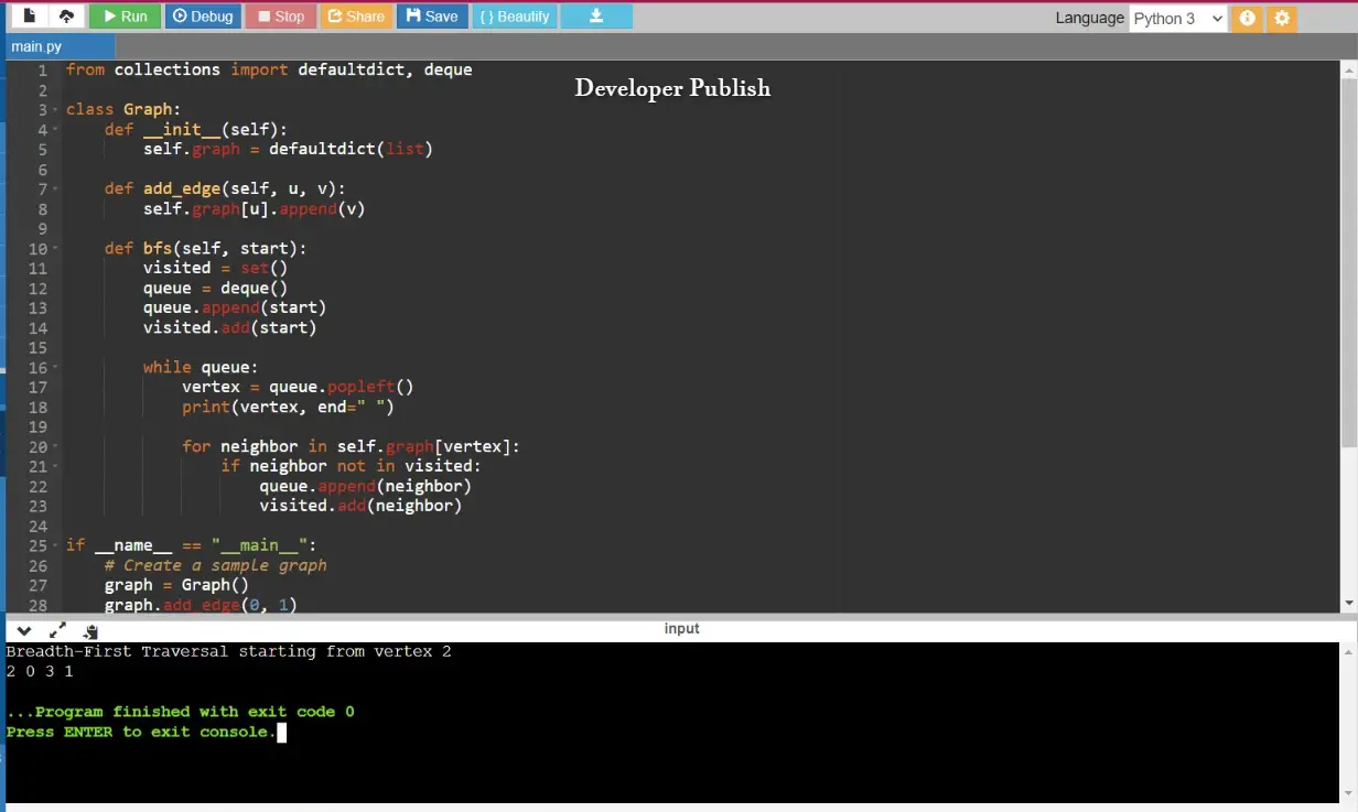 Python Program to Implement Breadth-First Search on a Graph Python Program to Implement Breadth-First Search on a Graph