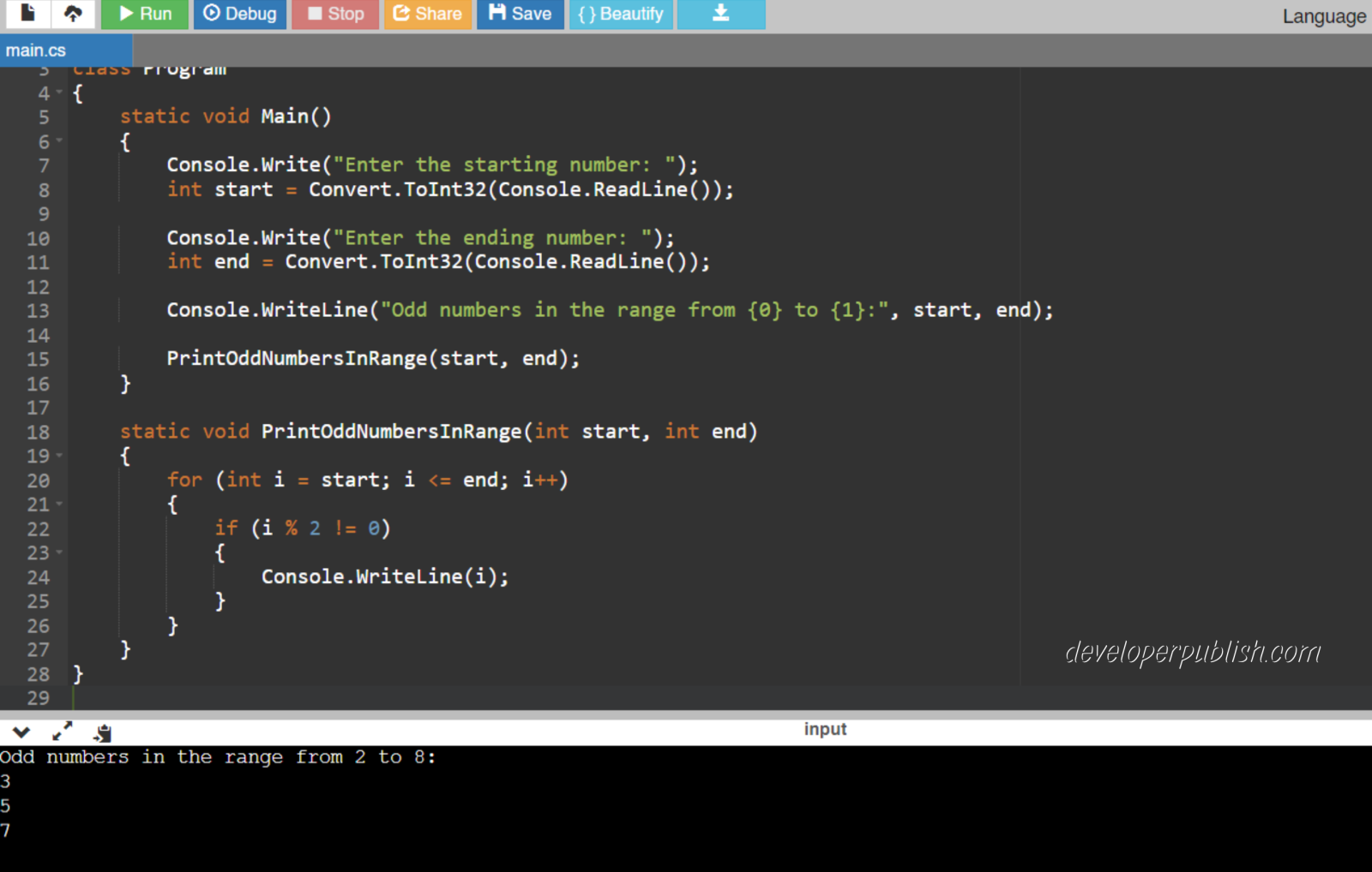 C# Program to Print Odd Numbers in a Given Range