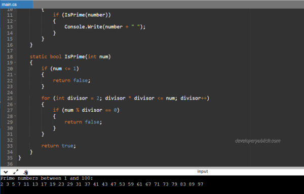 C# Program to Print All the Prime Numbers between 1 to 100