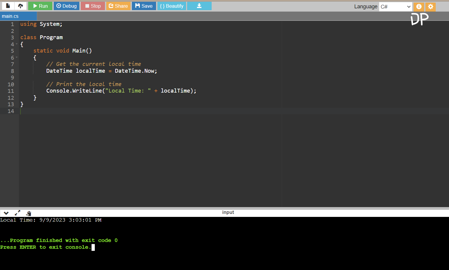 C# Program to Get the Local Time