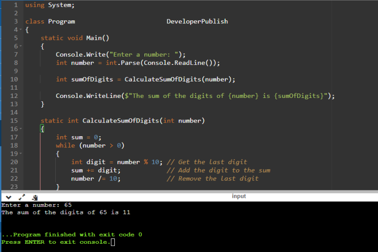 C# Program to Find Sum of Digits of a Number