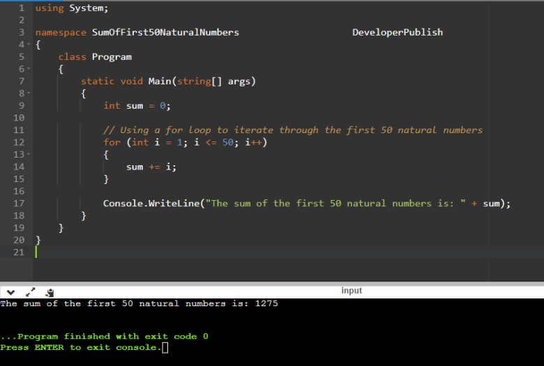 C# Program to Find the Sum of First 50 Natural Numbers using For Loop