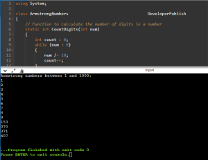 C# Program to Print Armstrong Number between 1 to 1000