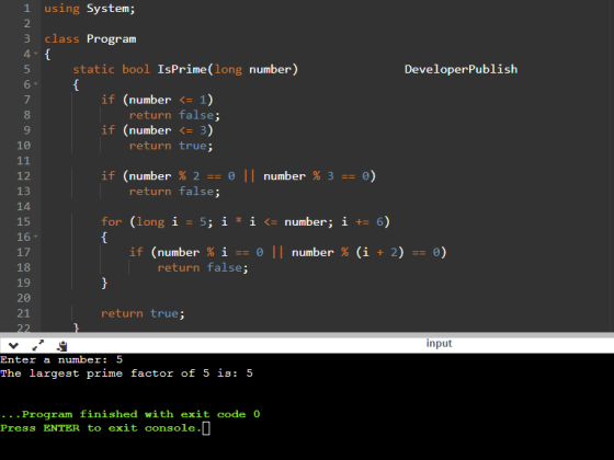 C# Program to Find the Largest Prime Factor of a Number