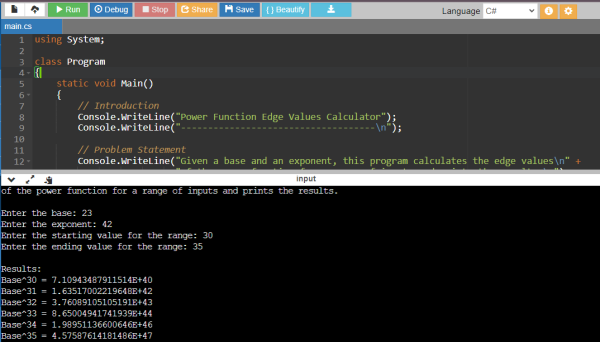 C# Program to Print the Edge Values in Power Function