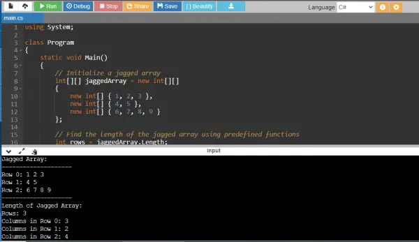 C Program To Find The Length Of Jagged Array Using Predefined Functions