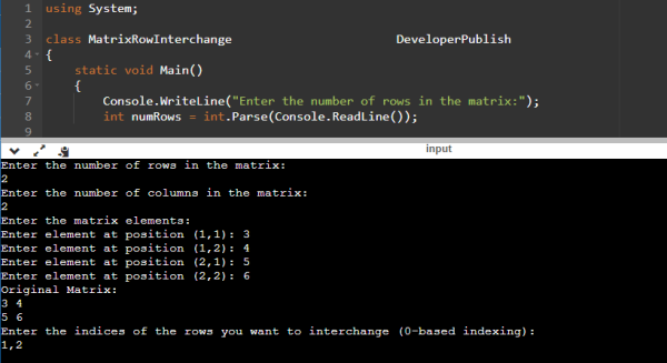 C# Program to Interchange the Rows of a Matrix