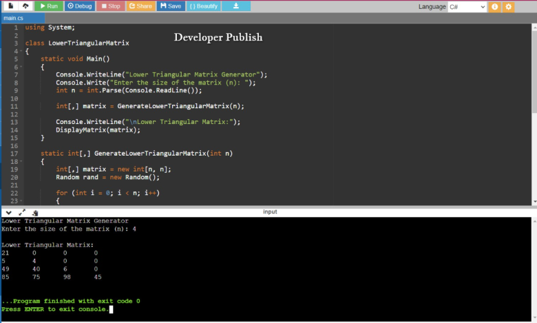 C# Program to Display Lower Triangular Matrix